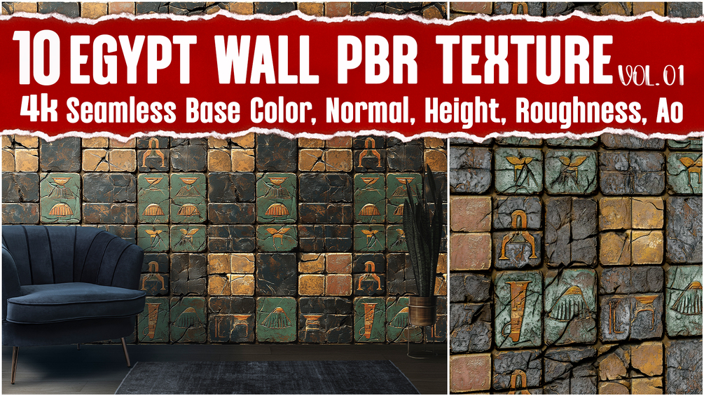 10 Egypt wall VOL.01 |4K Seamless PNG PBR Textures