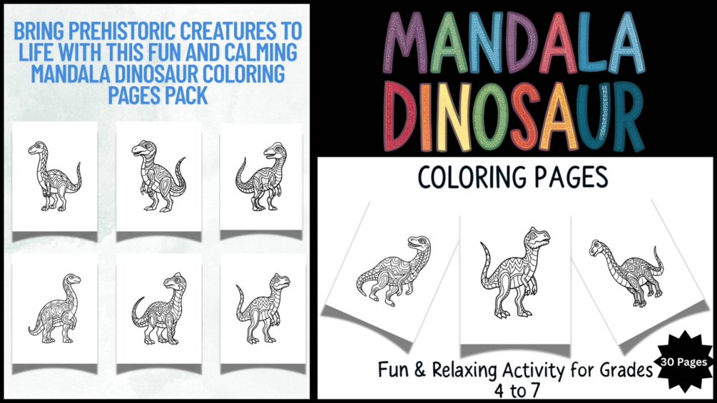 Mandala Dinosaur Coloring Pages, Fun & Relaxing Activity for Grades 4 to 7