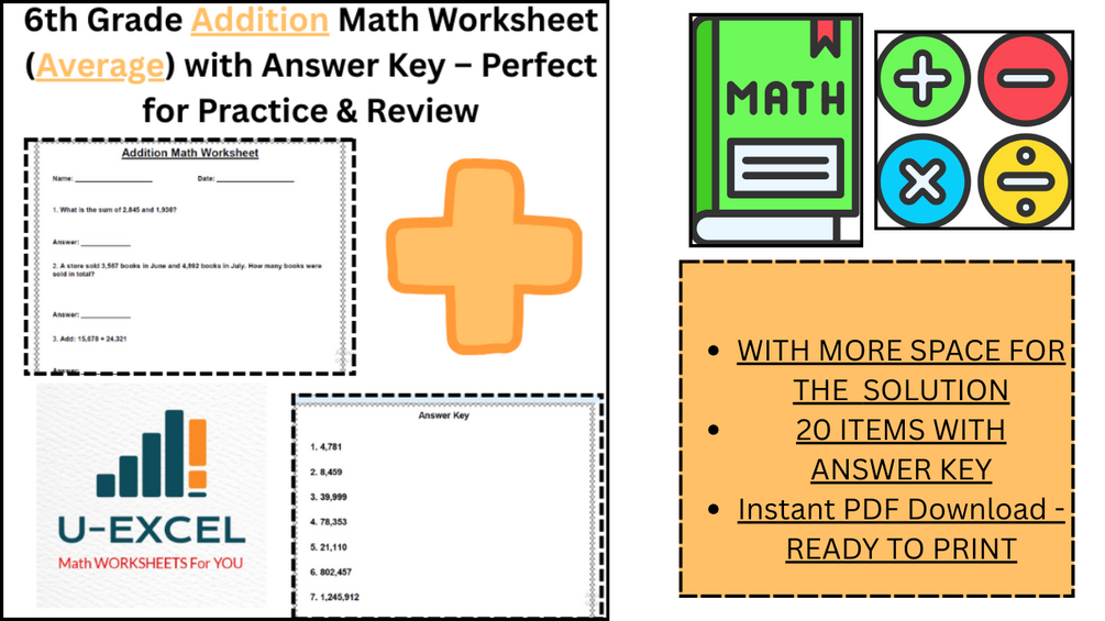 6th Grade Addition Math Worksheet (Average) with answer key – Perfect ...