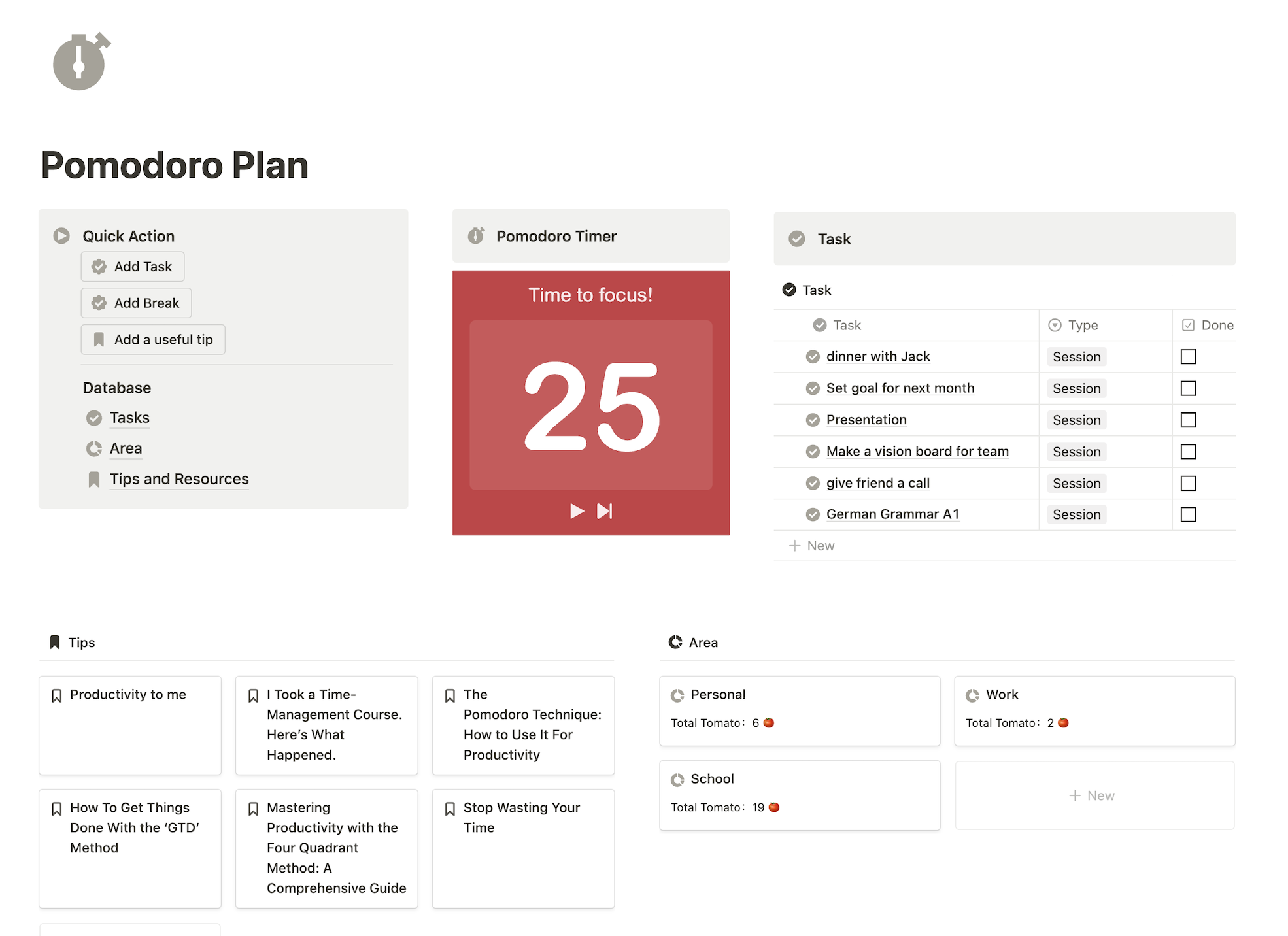 Pomodoro OS - Notion Template