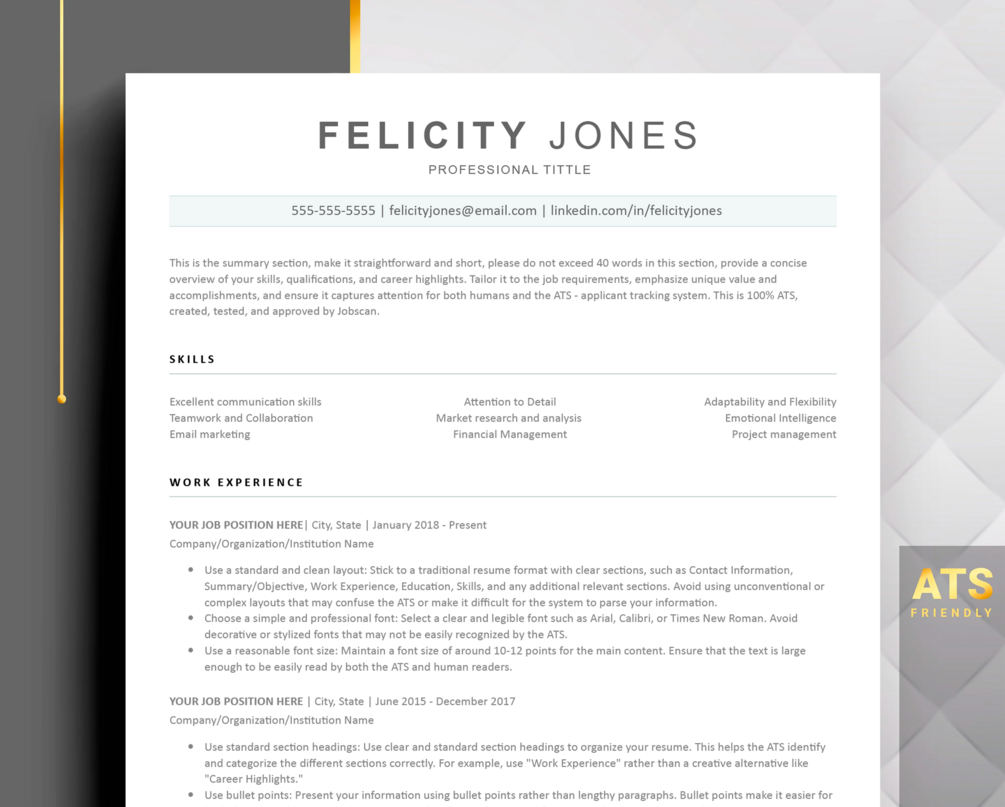 ATS Friendly Professional Resume Template for Word, Pages, Google Docs ...