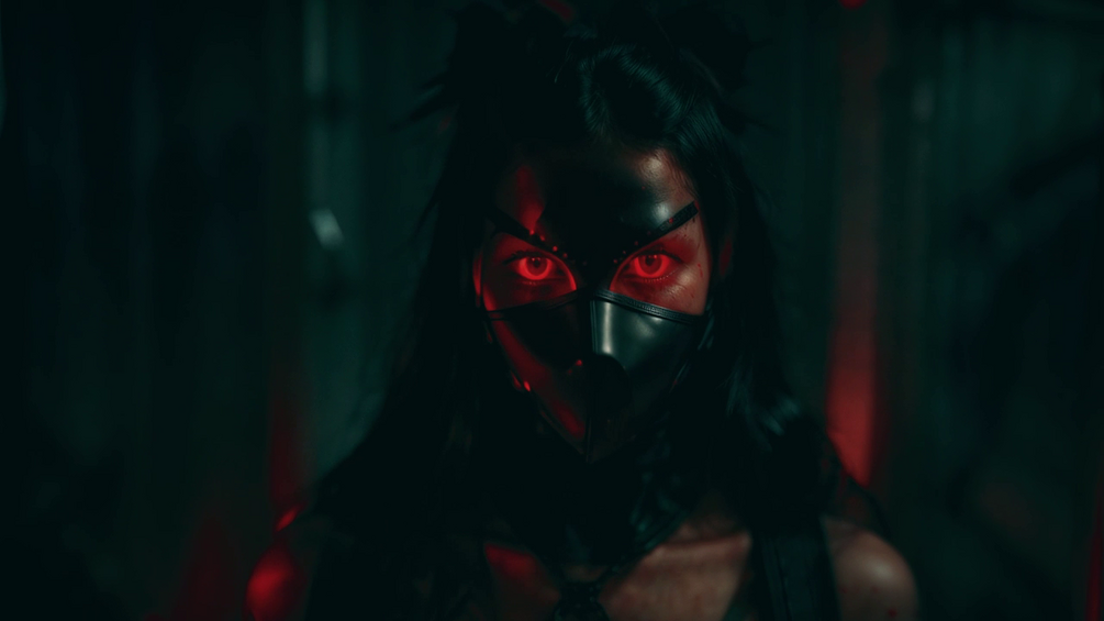 Enigmatic VJ loop animation featuring a woman with striking red eyes ...