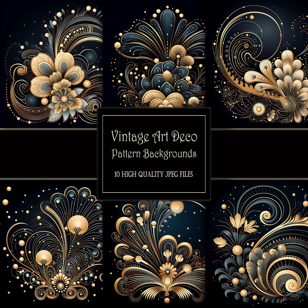 Vintage Art Deco, Gold and Blue Digital Paper Pack, Vintage Art Deco ...