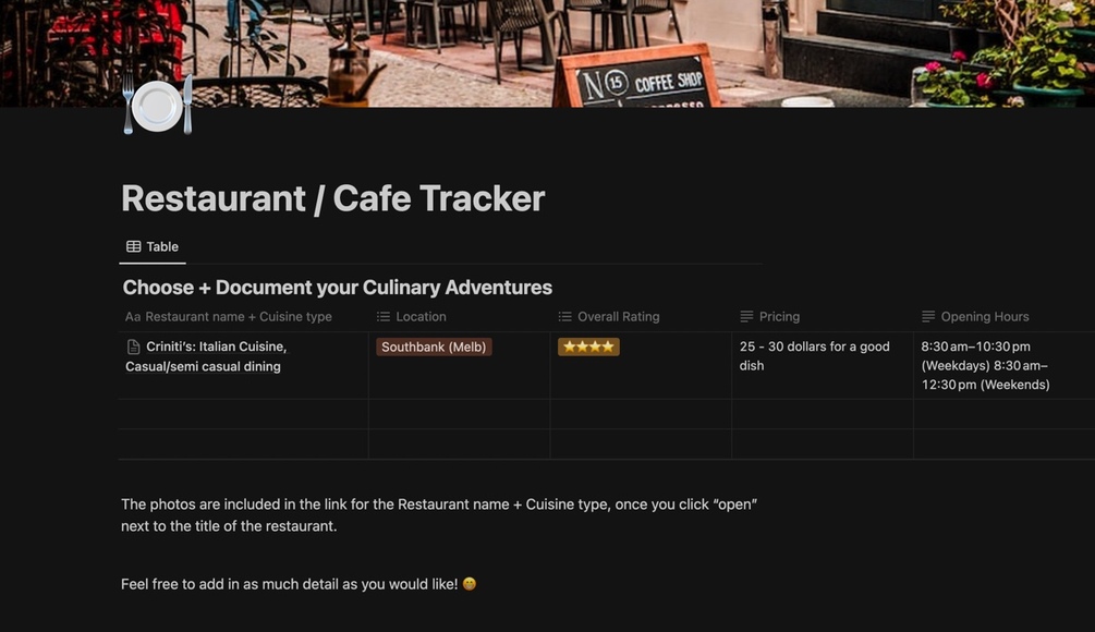 Notion Template : Restaurant / Cafe Tracker
