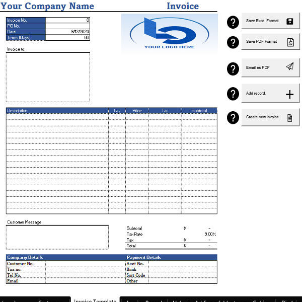 Excel - Customizable Invoice Maker, Archiver, Customer Record, and ...