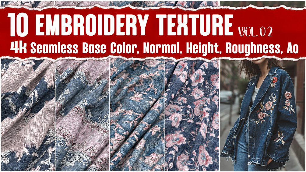 10 Embroidery Fabric VOL.02|4K Seamless PNG PBR Textures
