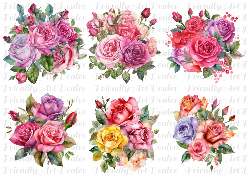 Watercolor Rose Bouquets Clipart - 20 assorted watercolor roses PNG ...