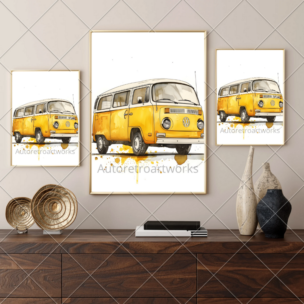 vw bus t2 (hippie van) Wall Art – Hand-Drawn Ink & Watercolor Style ...