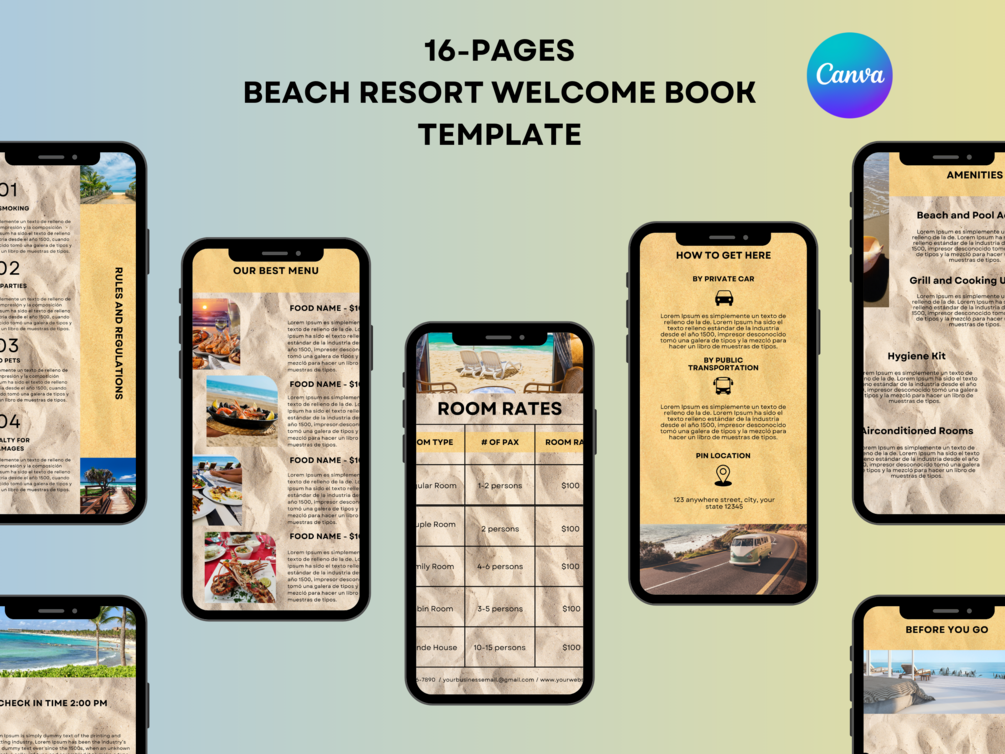 Beach Welcome Book Template, Beach Welcome Guide, Editable Canva Resort ...