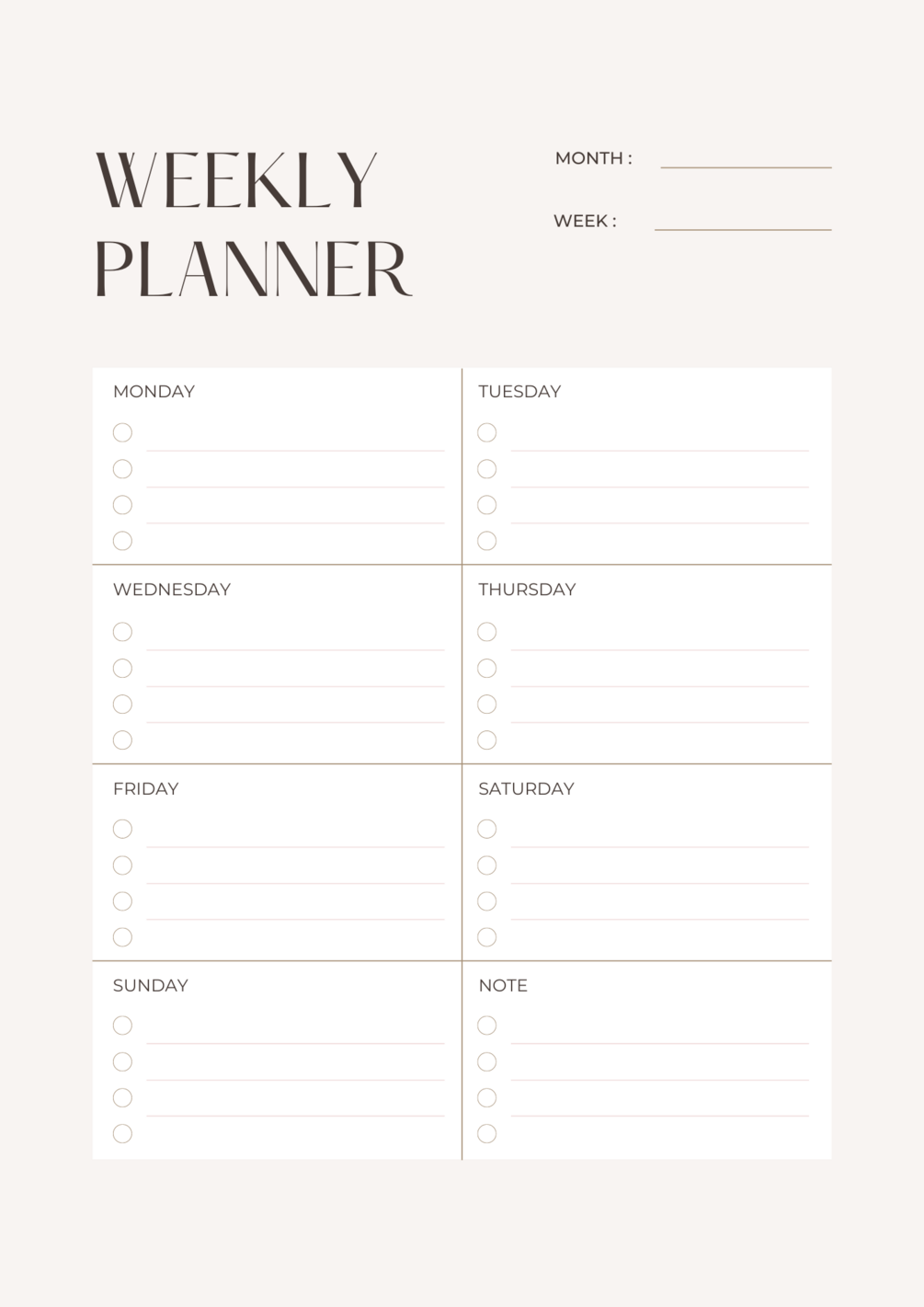 Printable minimalistic Weekly Schedule Planner PDF
