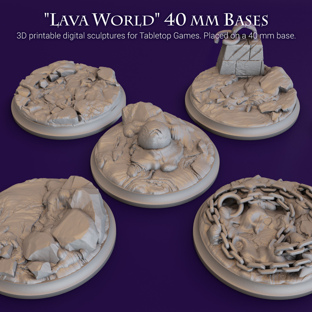 Set of five 40 mm Bases for my "Lava World" series for Tabletop Games