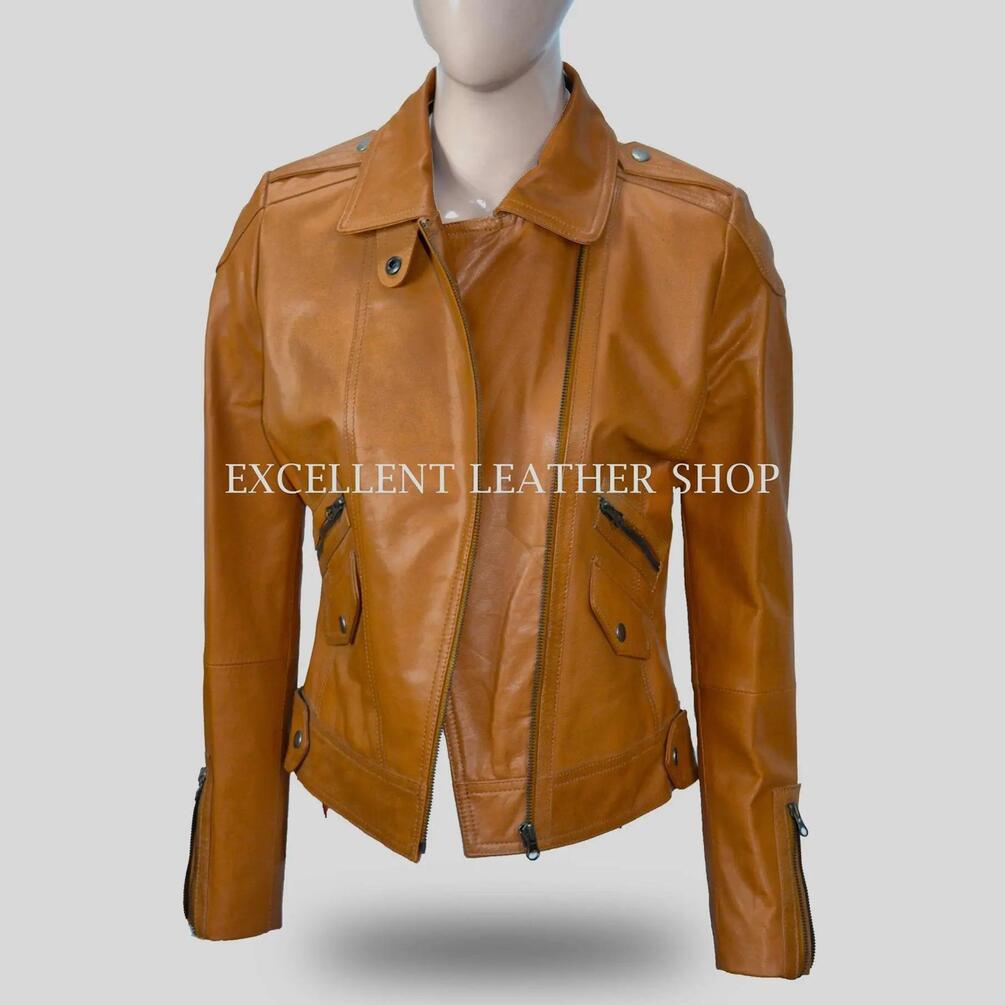 Women Motorcycle Camel Leather Jacket