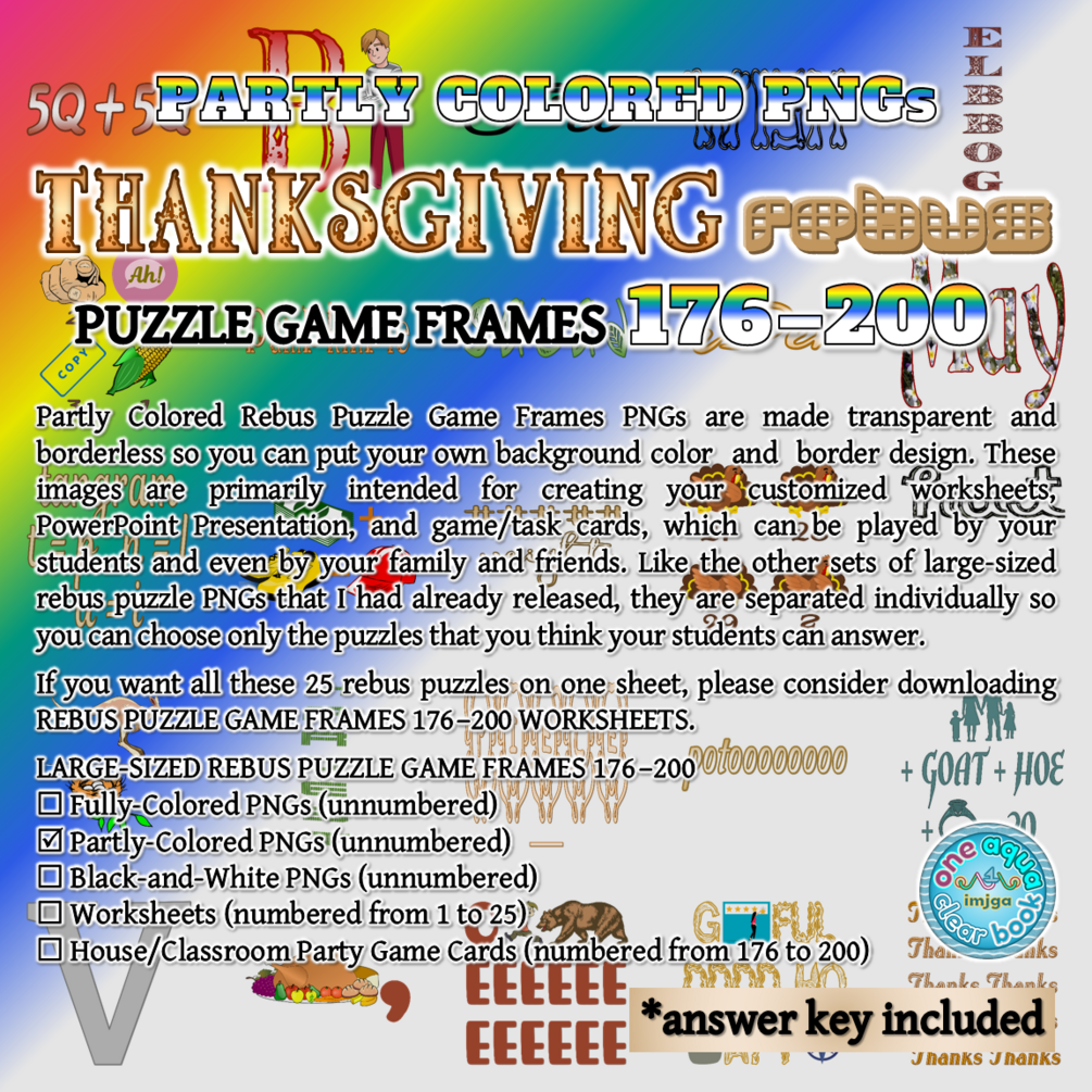 Partly Colored THANKSGIVING Rebus Puzzle Game Frames 176–200PNGs