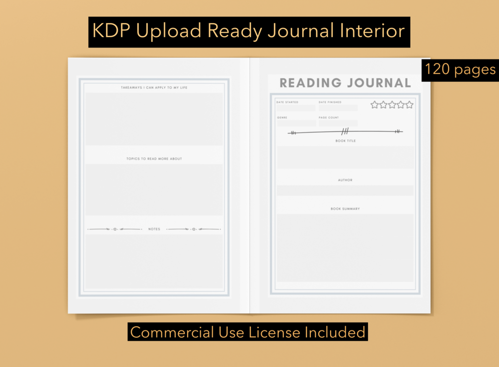 KDP Reading Journal Interior #1 | 6"x9" with bleed | PDF & PNG Included ...
