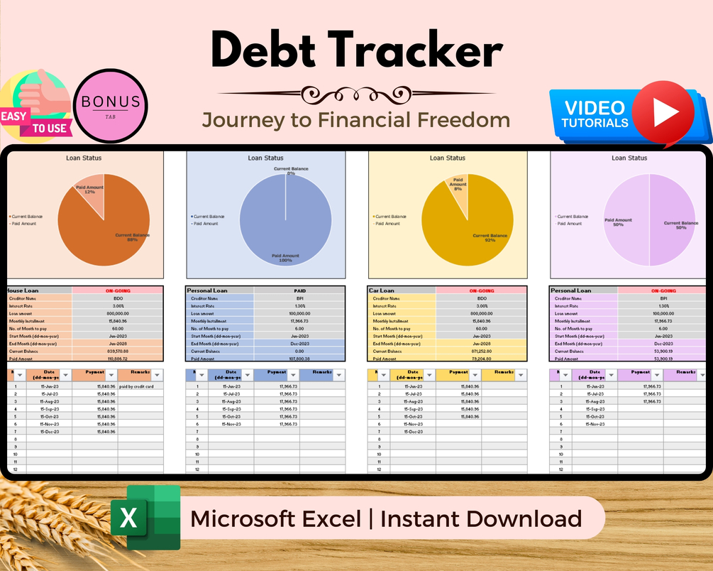 Debt Tracker Excel Template, Debt Payoff Tracker with Bonus tab