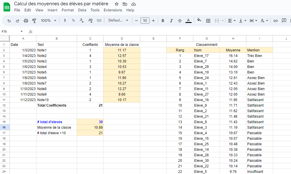 Tableur de calcul des moyennes des élèves par matière