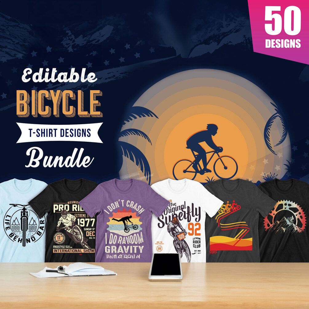 50 Editable Bicycle T-Shirt Designs Bundle