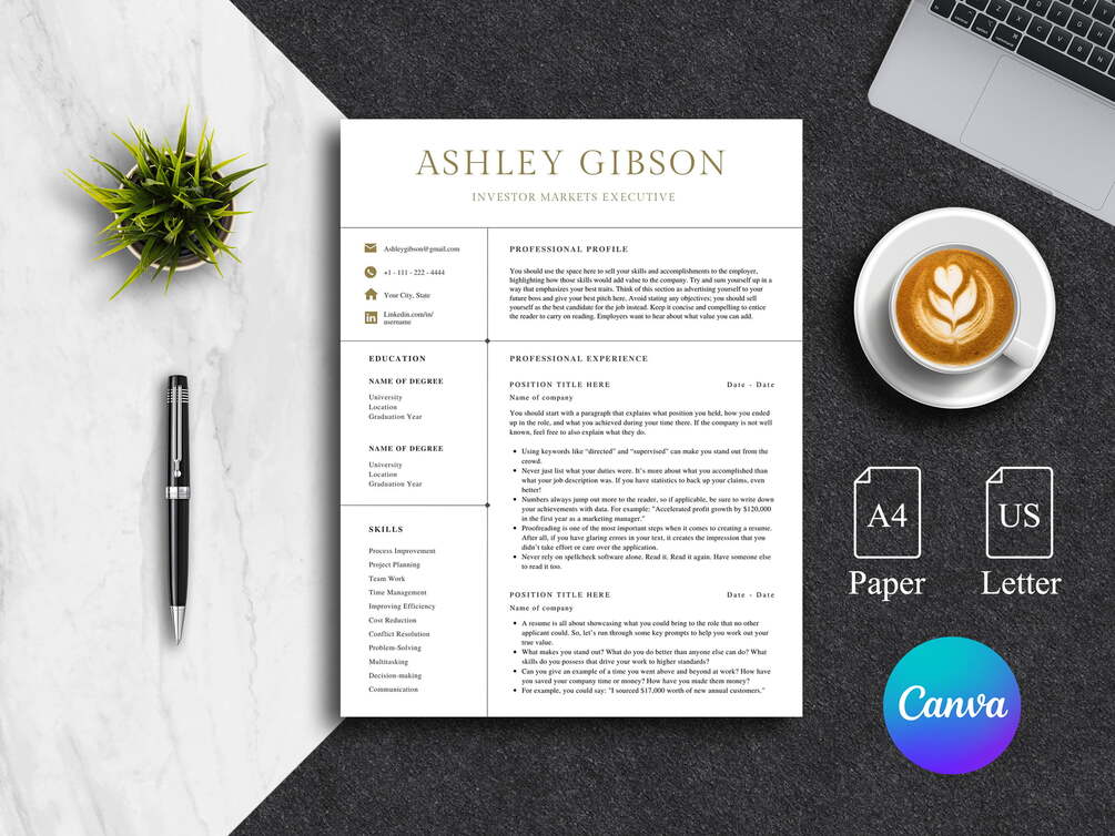 Executive Modern Canva Resume Template | Canva CV Template, Modern ...