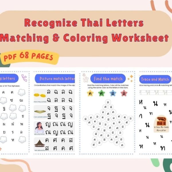 Recognize Thai Alphabet-68 pages Printable Worksheets