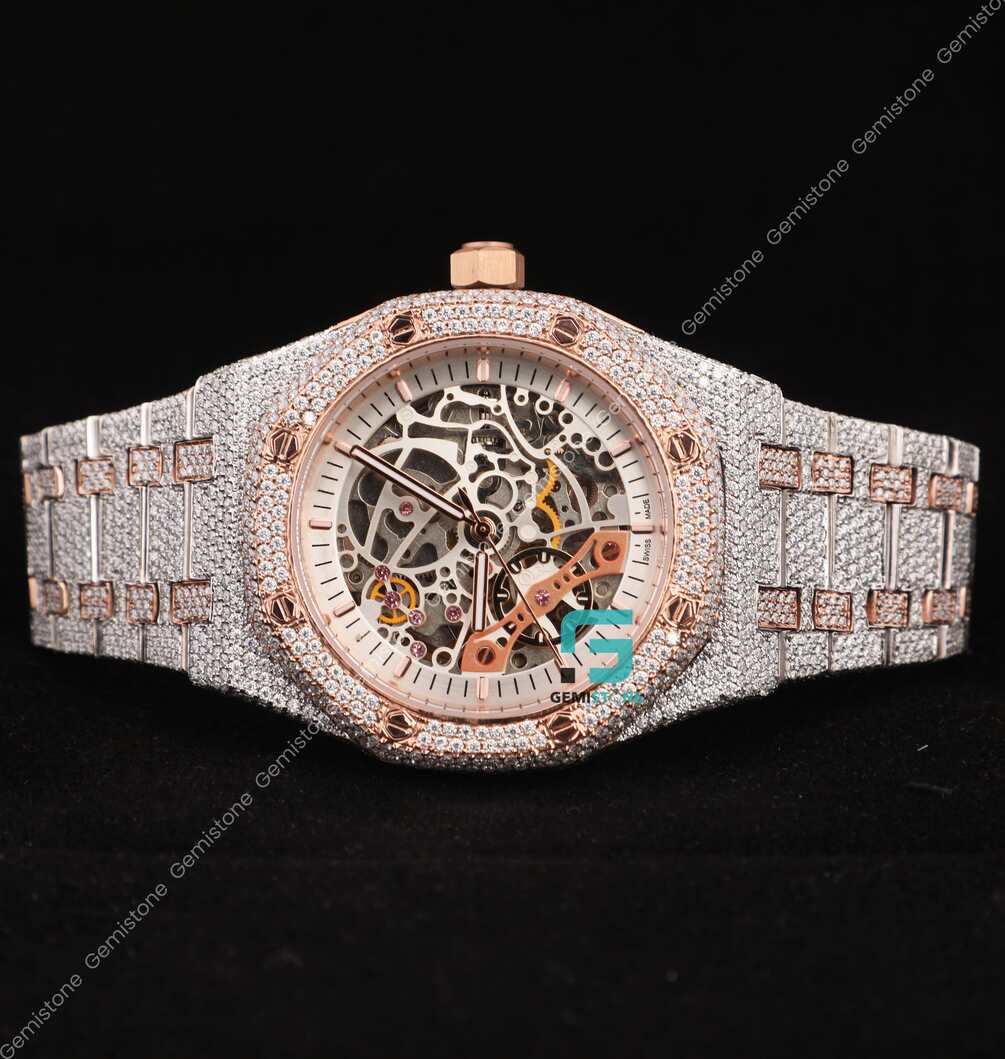 Men’s 41MM Fully Studded Moissanite Iced Out Skeleton Watch