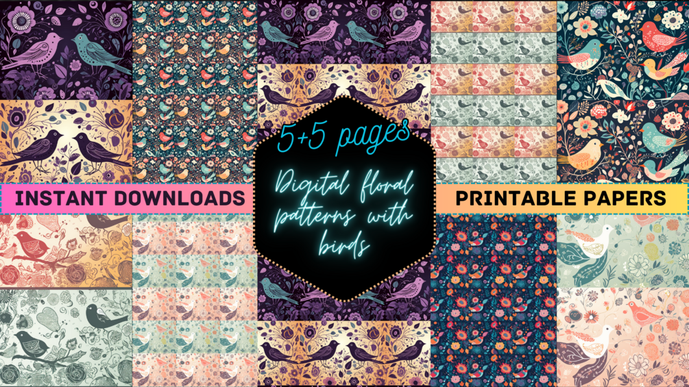 Floral patterns with birds for scrapbooking (5+5) and other crafts ...