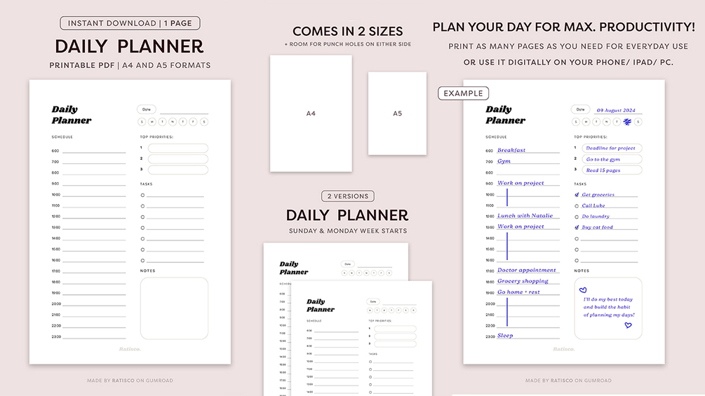 Daily Hourly Planner Printable, Productivity Planner, Daily To Do List