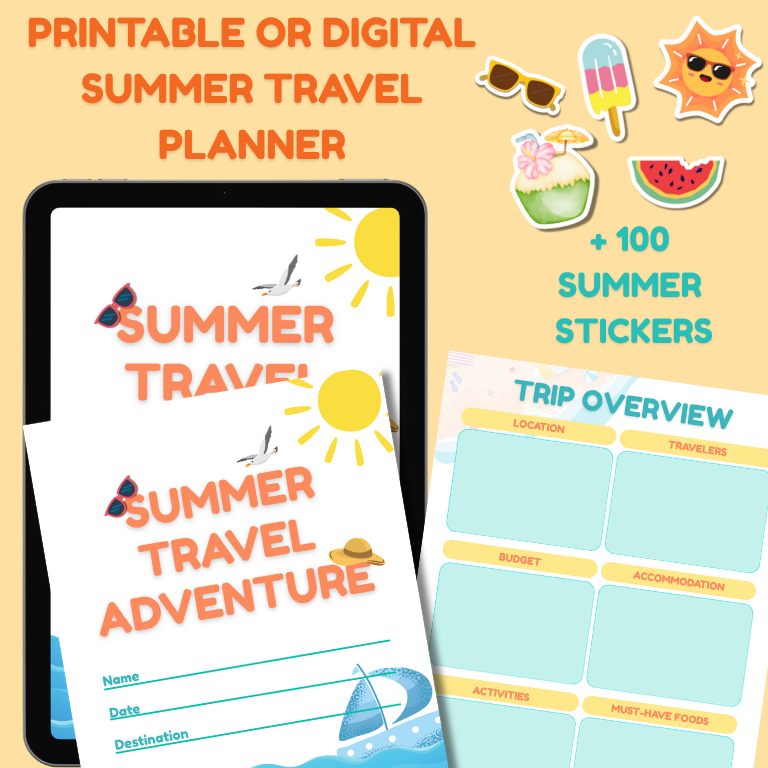 Printable Summer Travel Planner + 100 Cute Summer Stickers | A4 & US ...