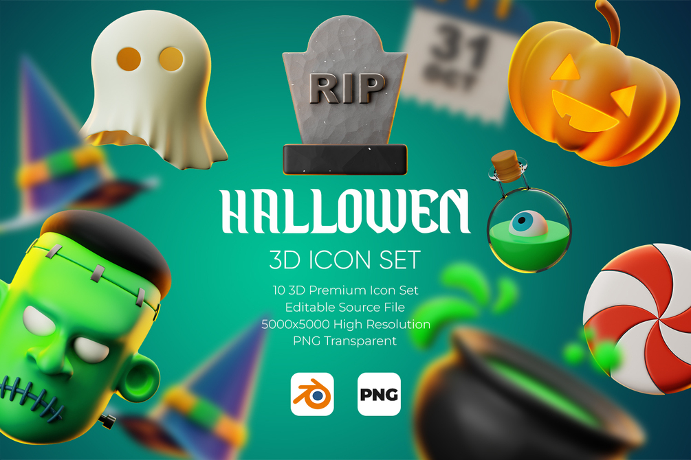Hallowen 3D Icon Set with PNG and Source File(.blend)