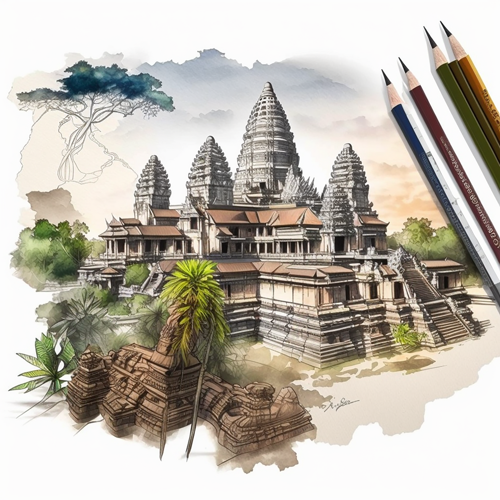 coloring book : The temples of Angkor Wat in Cambodia