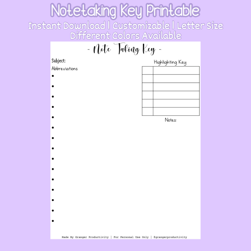 NoteTaking Key Printable | Digital | Notebook | Student College ...