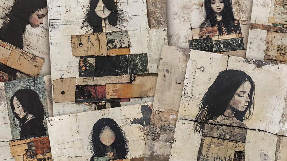 18 pc Tactile Young Woman Portrait Rustic Collage Printable Junk ...