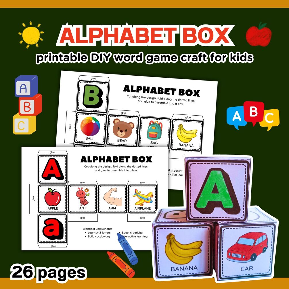 Alphabet Box A-Z, Printable DIY Craft Template for Kids, Word building ...