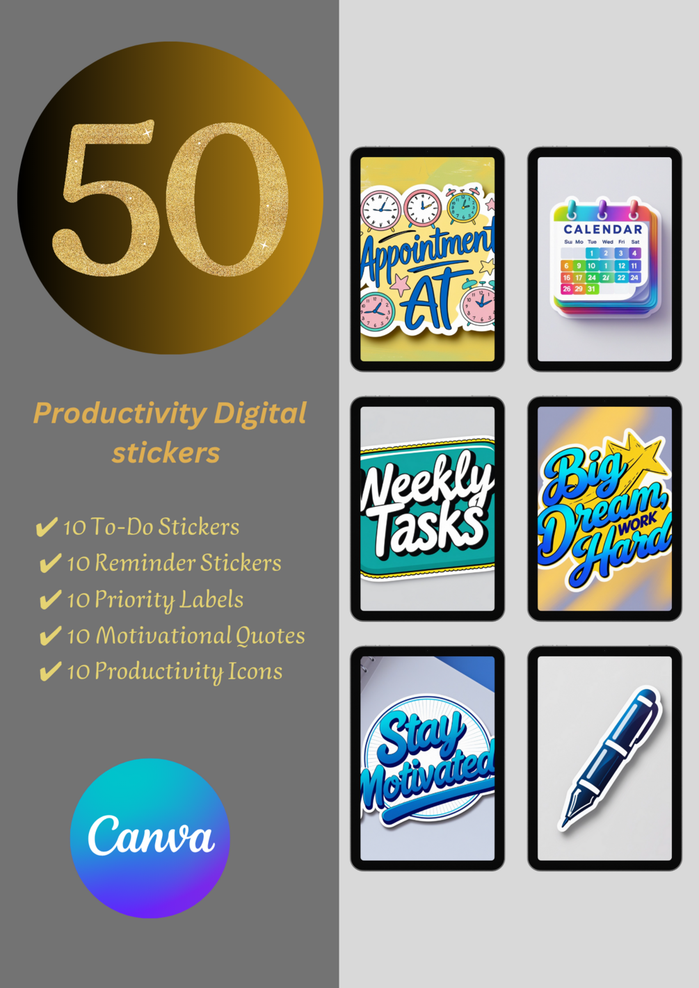 50 Productivity Digital Stickers