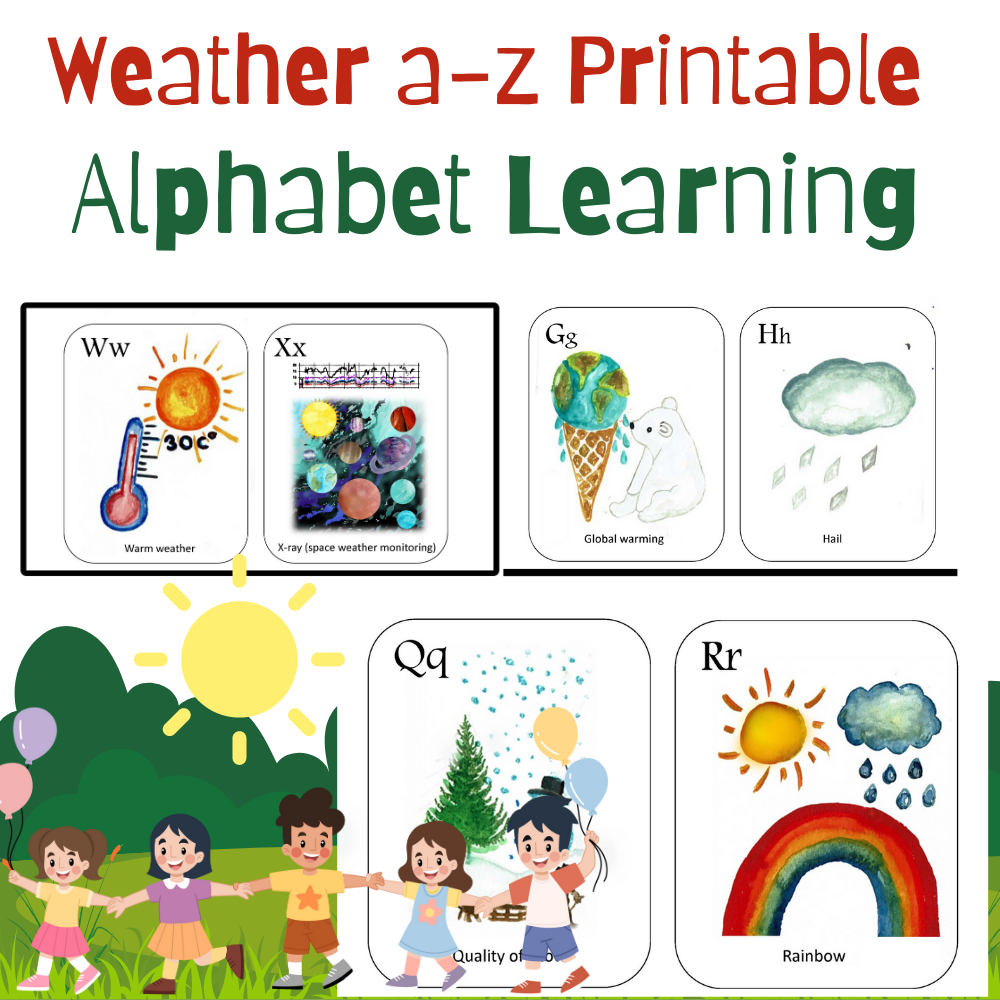 Weather A-Z, watercolor montessori alphabet Flashcards, abc learning ...