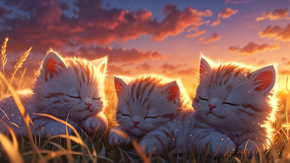 Livewallpaper "Snoozing kitten on a meadow at twilight"