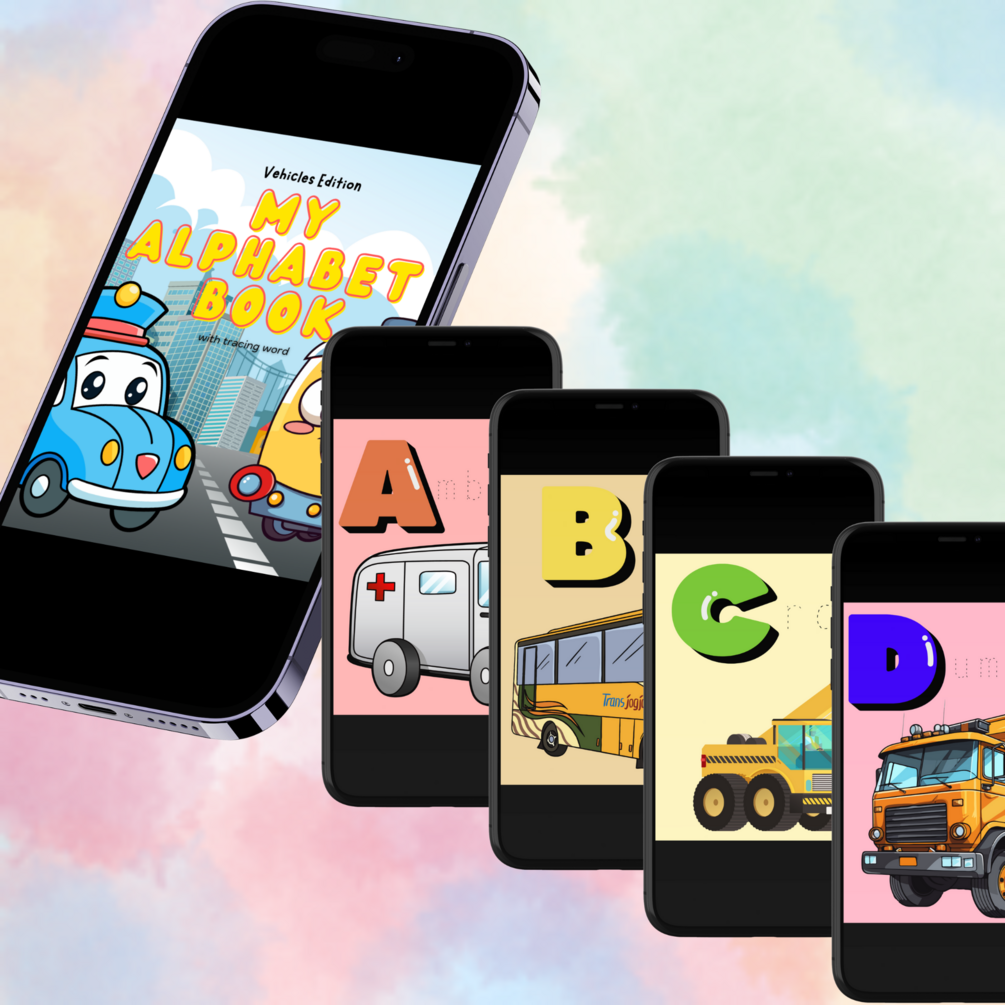 Vehicles themed alphabet book for kids (w/tracing words)