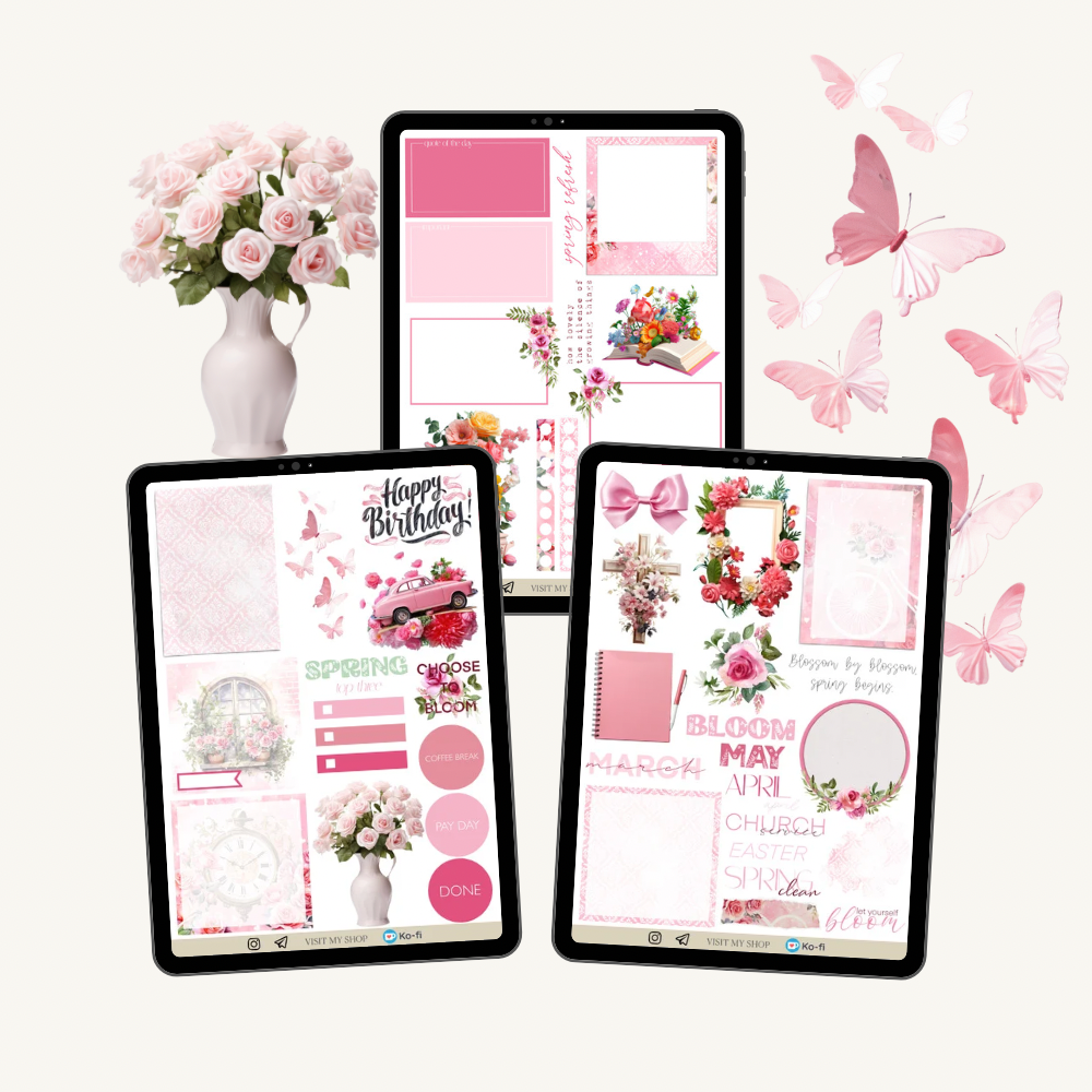 Pink Embroidery stickers, GoodNotes & PNG