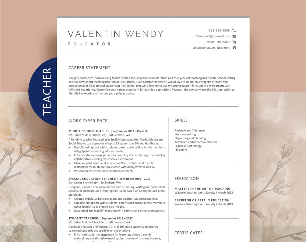 Teacher resume template, Elementary, Education resume word, pages, CV ...