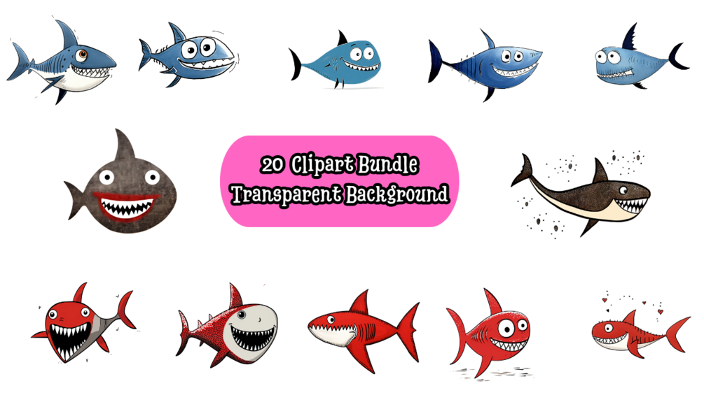 Cartoon Shark Bundle. 20 PNGs Clipart