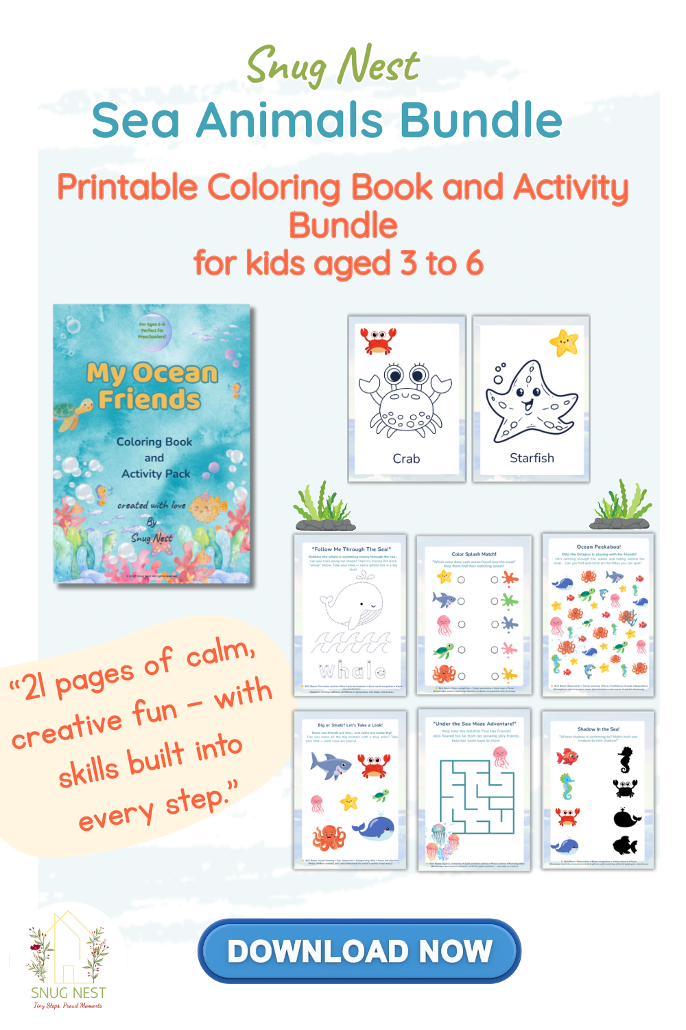Snug Nest: My Ocean Friends- Sea Animals Printable Bundle (Ages 3–6)