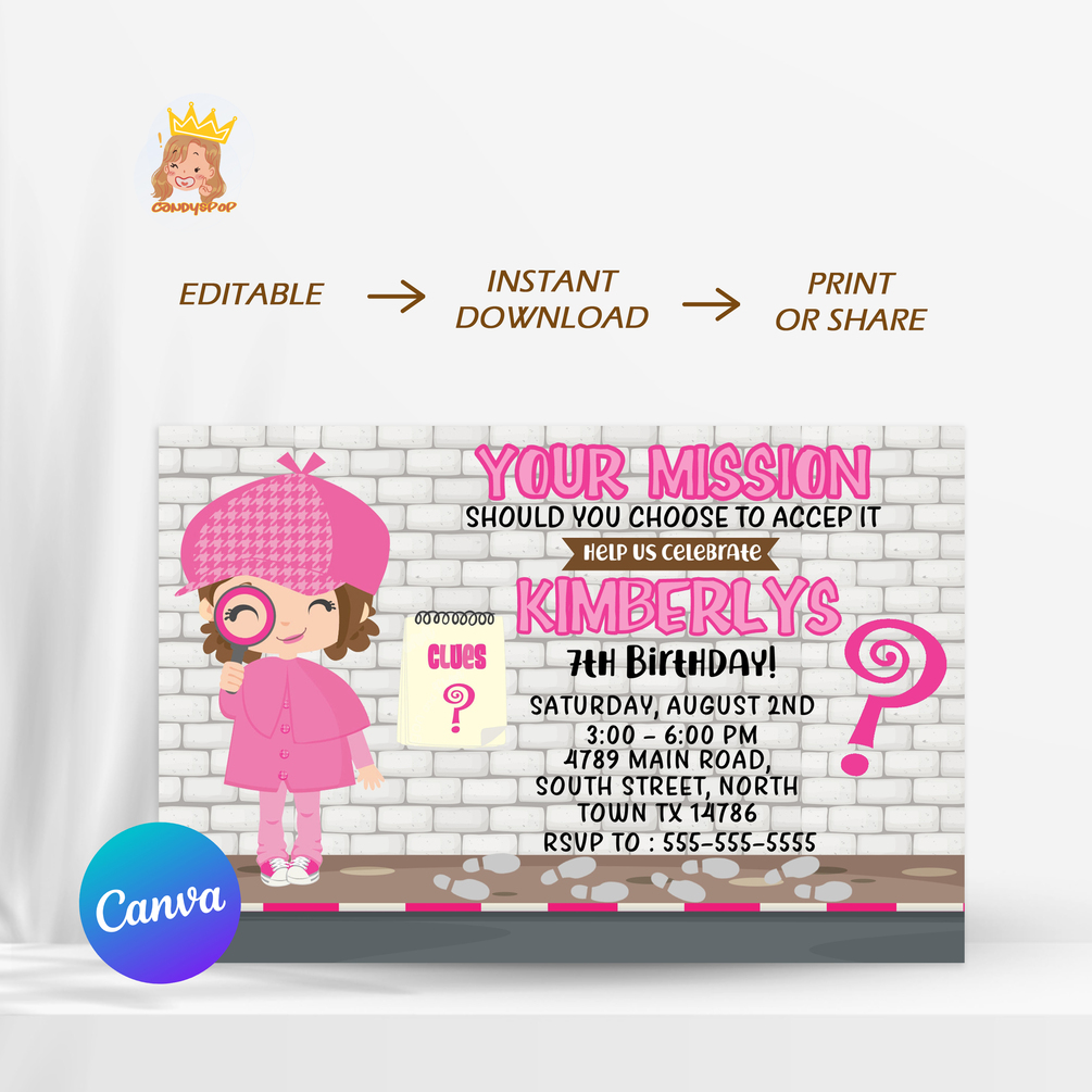 Personalized Detective Girl Spy Mystery Birthday Invitation | Editable ...