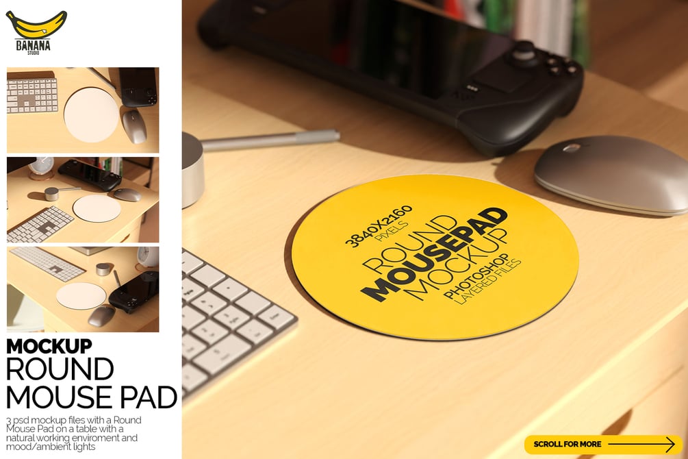 Round Mousepad Mockup in a Moody Room with Accessories