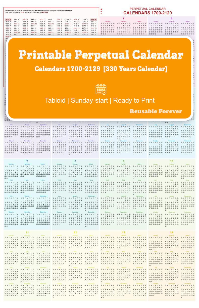 Printable Perpetual Calendar | Tabloid | Sunday-start | Style 2 ...