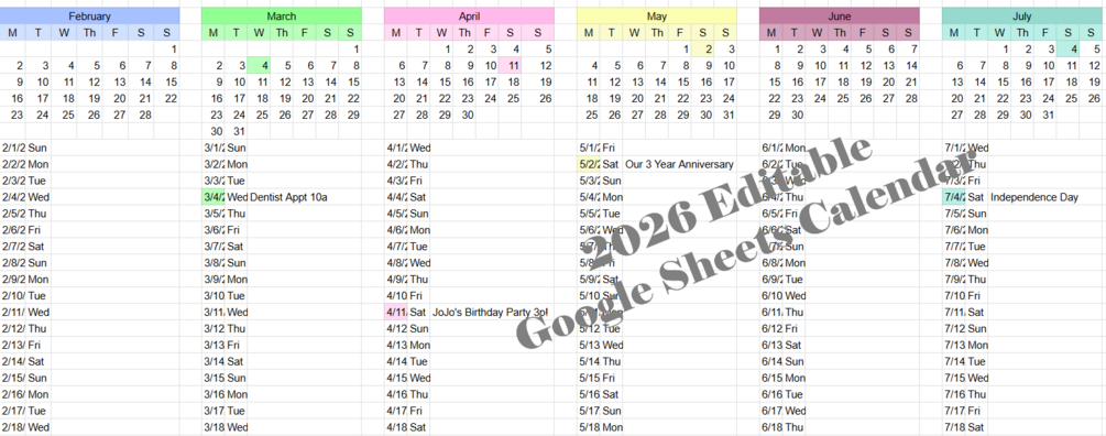2026 Editable & Fully Customizable Yearly Overview Calendar (Google Sheets)
