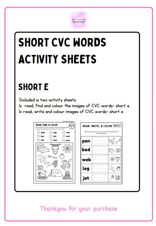 CVC Short E Worksheets – Engaging Phonics Activities for Beginning Readers