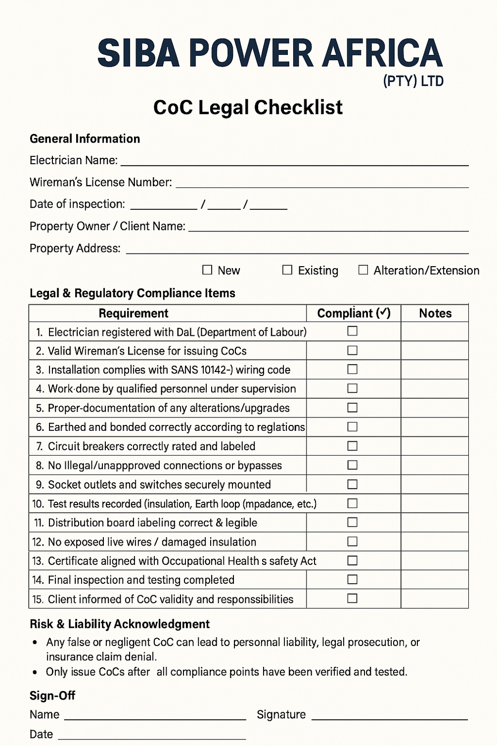 CoC Checklist For use by: Electricians / Compliance Inspectors / Siba ...
