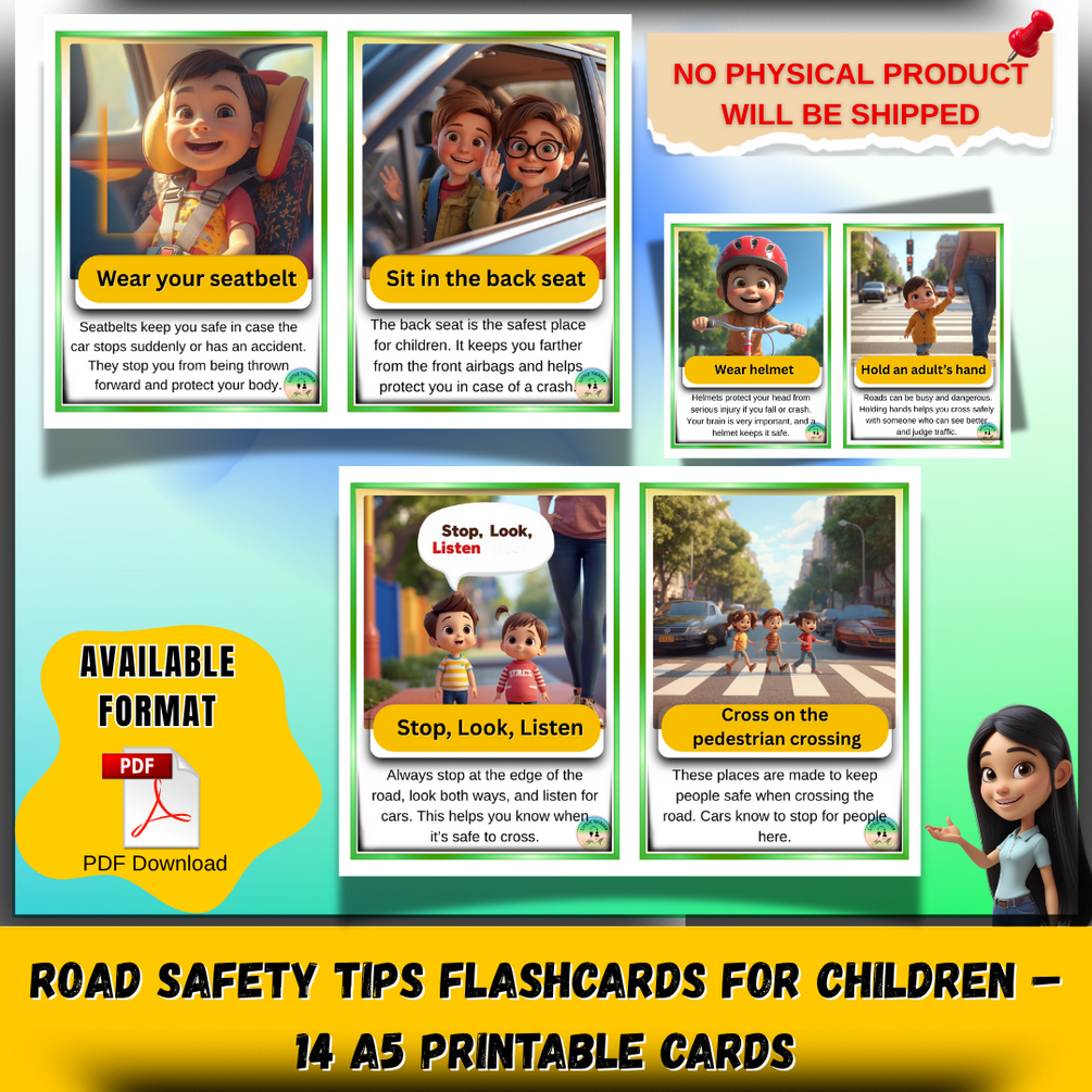 Road Safety Tips Flashcards for Children – 14 A5 Printable Cards | Road ...