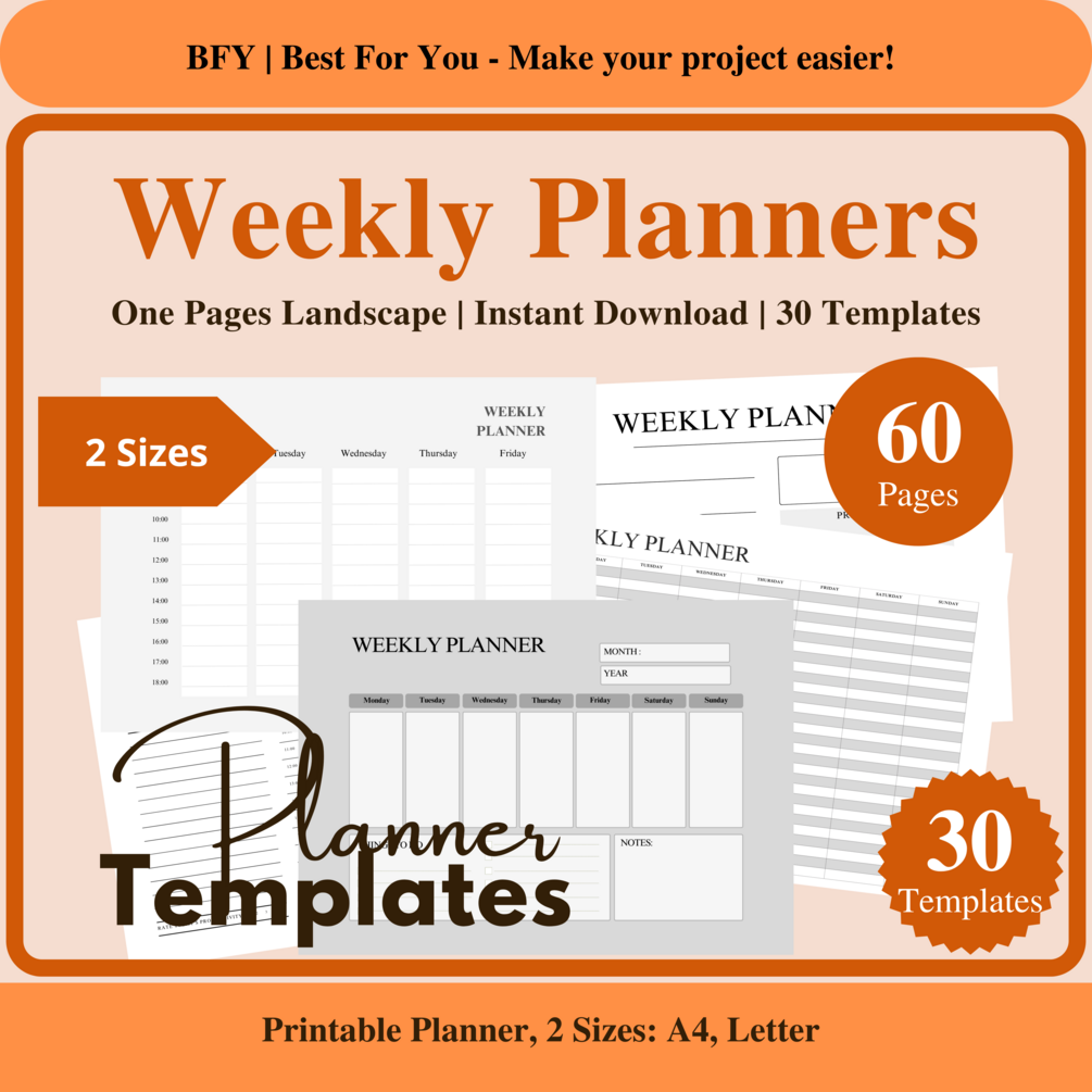 Undated Weekly Planner Printable Landscape, Weekly Planner, Weekly ...