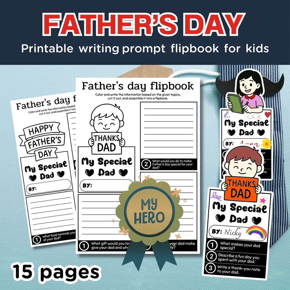 Father's Day Writing Prompt Flipbook for Grades 2-6, Coloring Craft ...