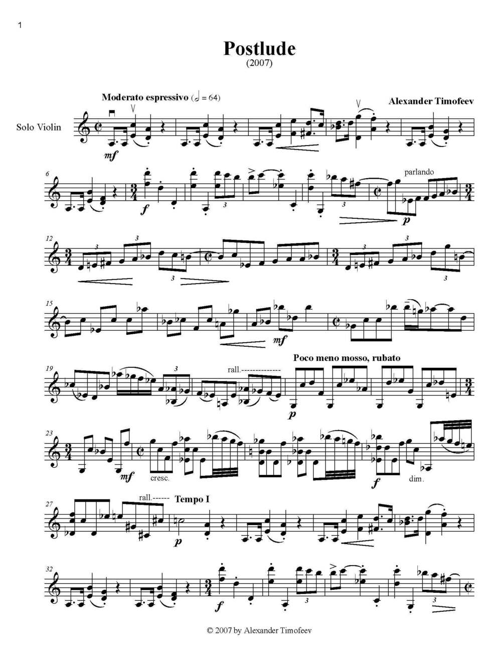Postlude (2007) for Violin Solo - PDF